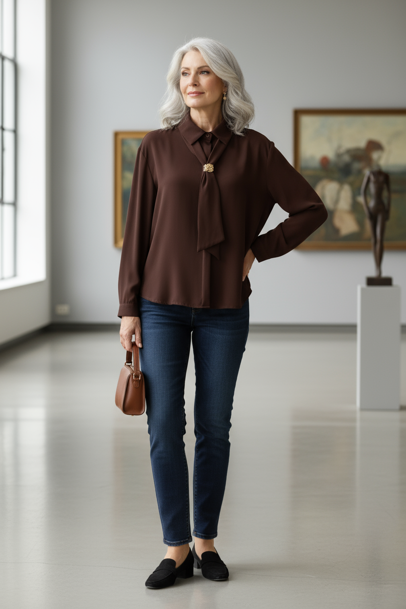 Ladies Women 3 Piece Collar Button Broach Scarf Shirt – Texture Online