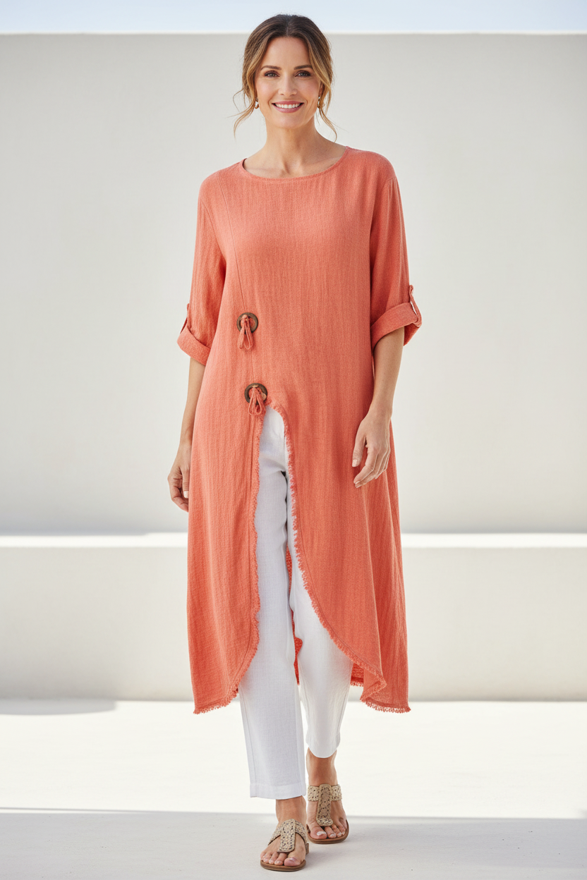 Ladies Women Button Detail Slit Front Teabag Linen Dress – Texture Online