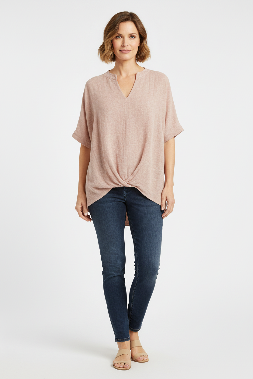 Ladies Women Italian V Neck Hi Low Twist Hem Teabag Linen Top – Texture ...