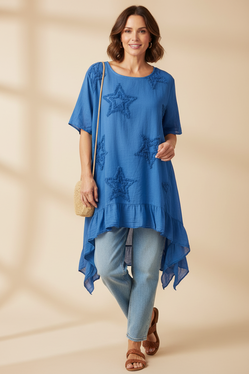 Ladies Women Italian Lagenlook Frayed Star Frill Hanky Hem Tunic Top ...